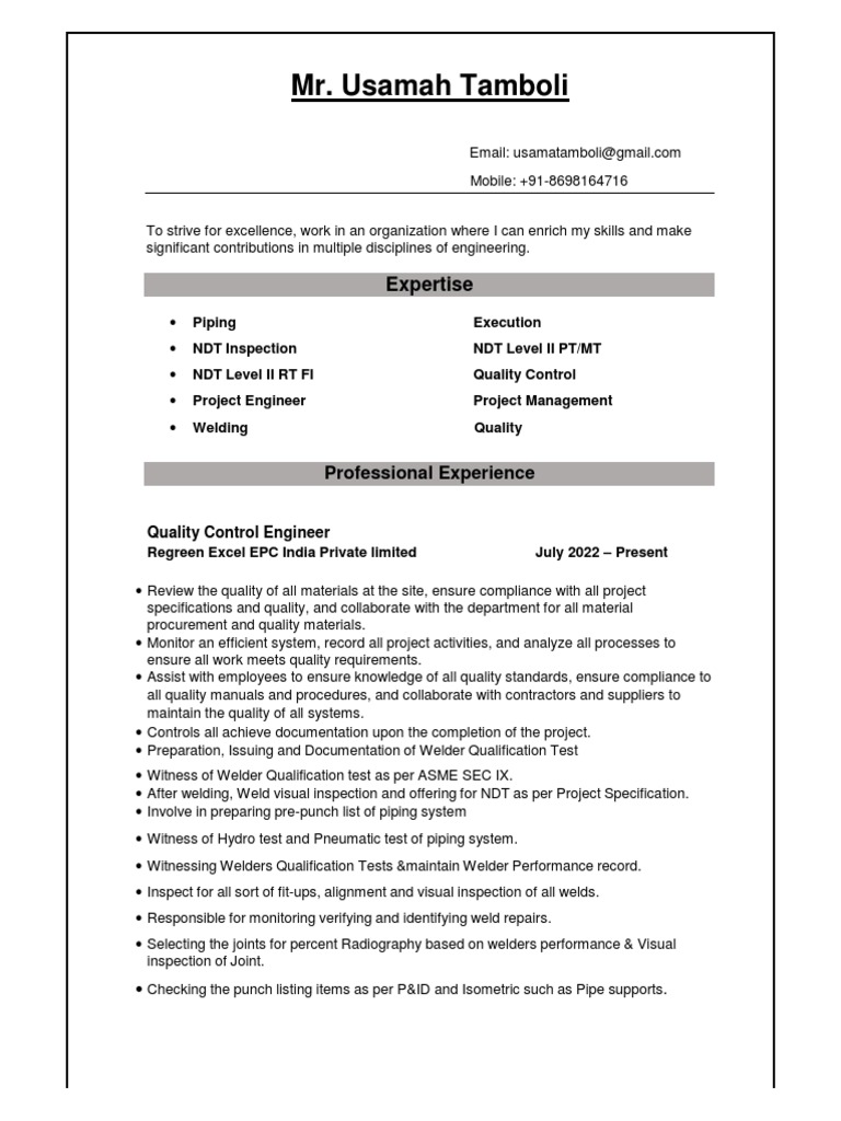 Usama Tamboli CV Q | PDF | Nondestructive Testing | Welding