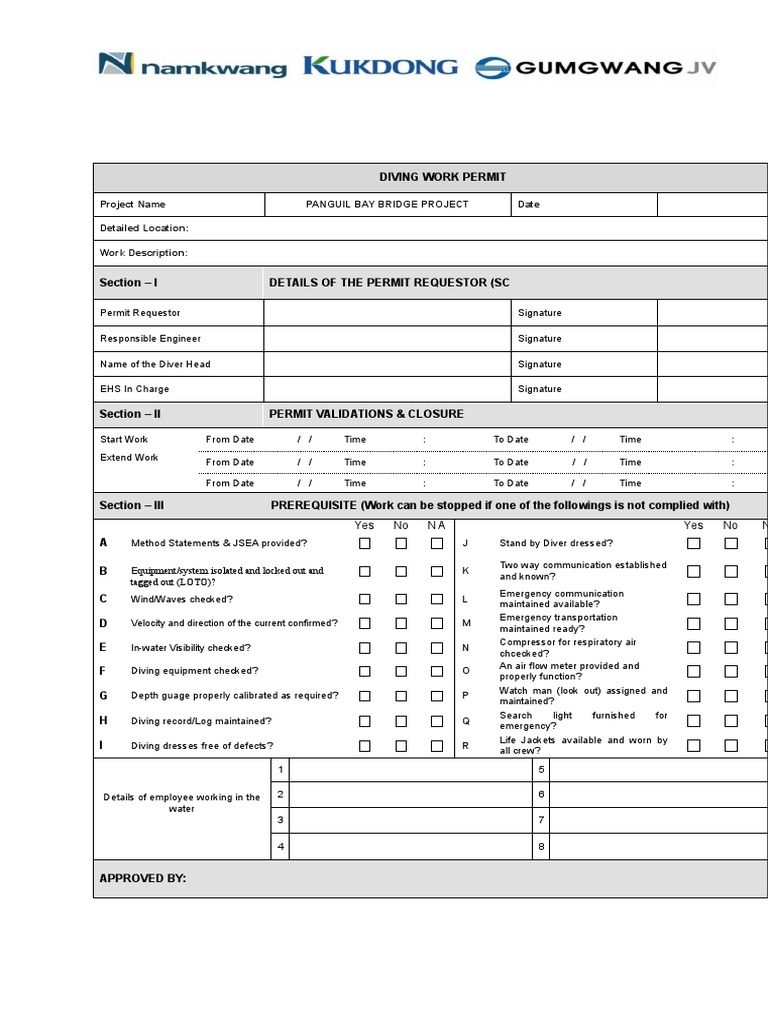 Diving Work Permit Form | PDF | Underwater Diving | Swimming