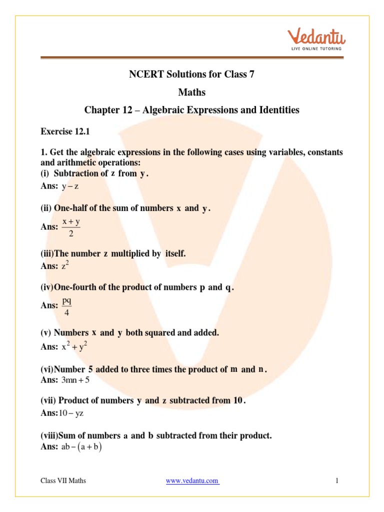 Class 7 - Maths - Algebraic Expressions PDF | PDF | Numbers ...