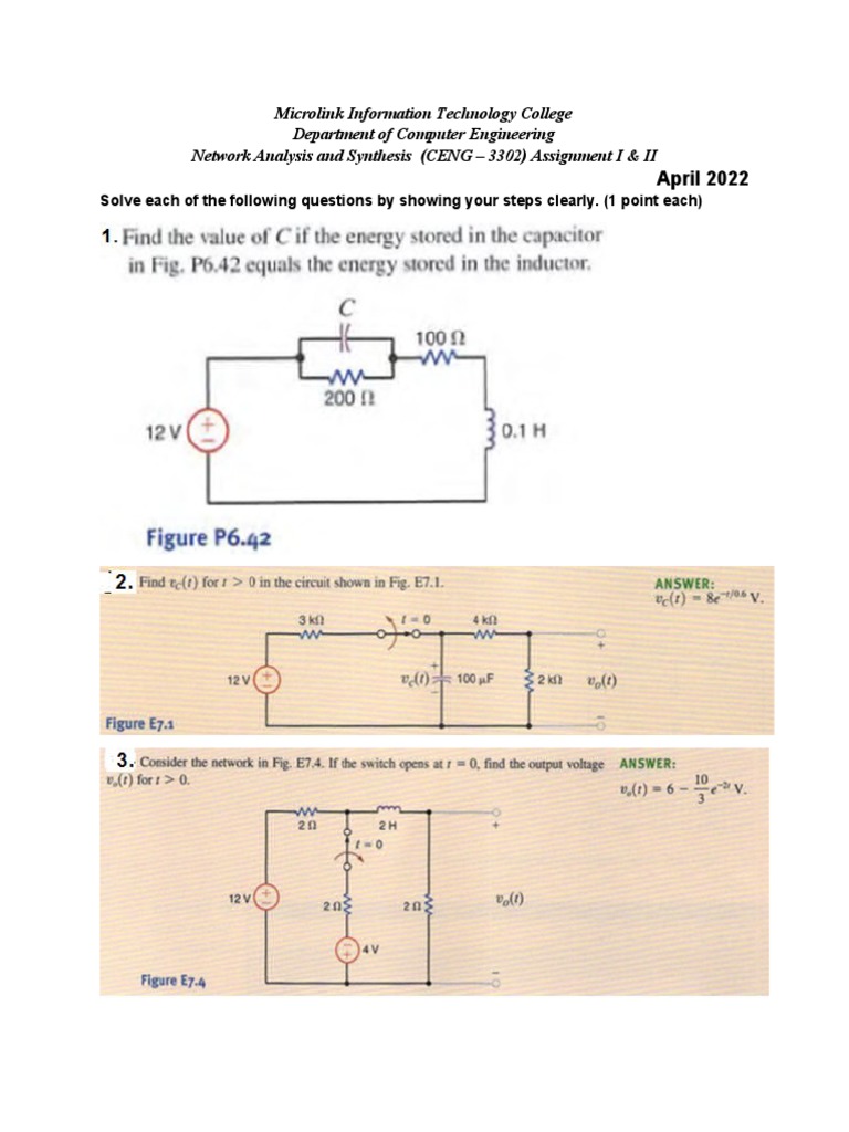 Network Analysis and Synthesis Assignment I and II 2022 | PDF ...