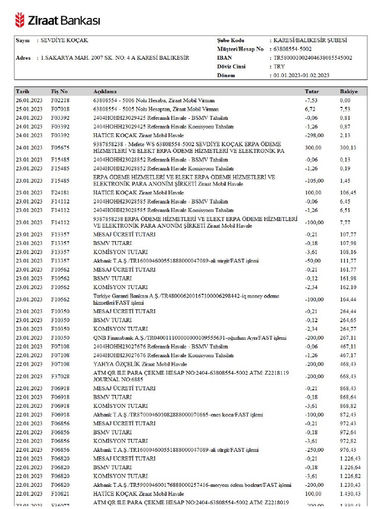 Hesap Hareketleri 01022023 PDF | PDF