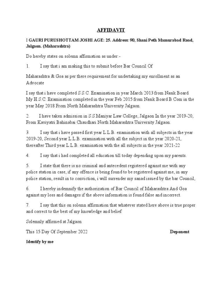 Bar Council Enrollment Affidavit Format | PDF