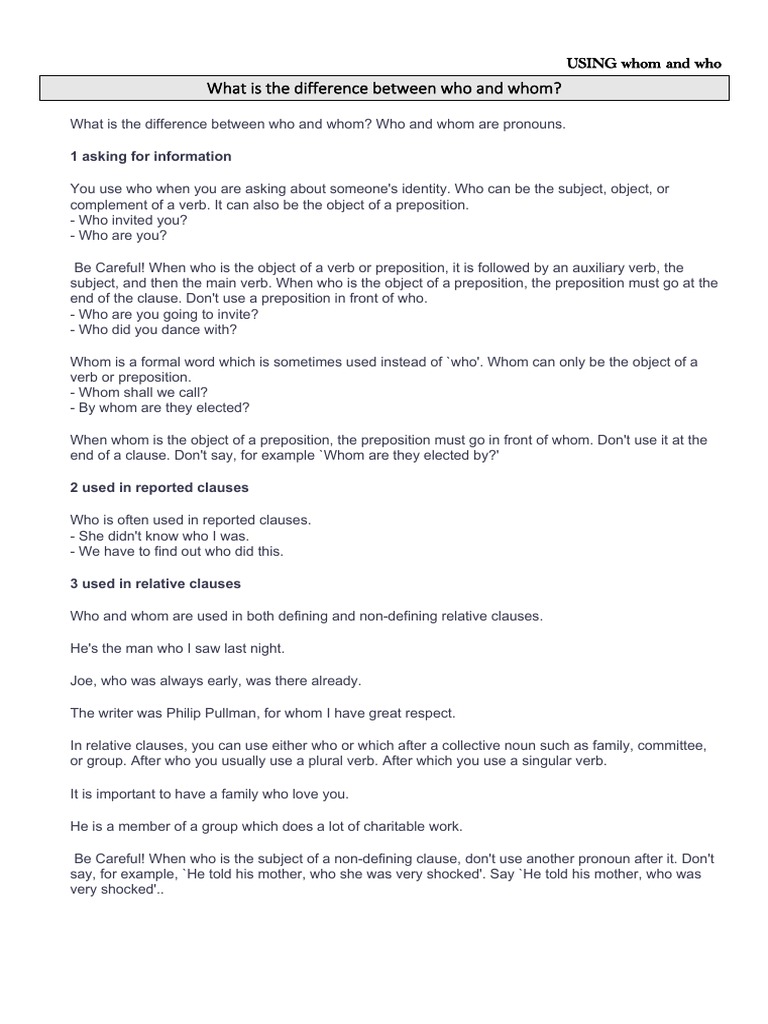 Grammar - Using Whom and Who | PDF | Language Arts & Discipline ...