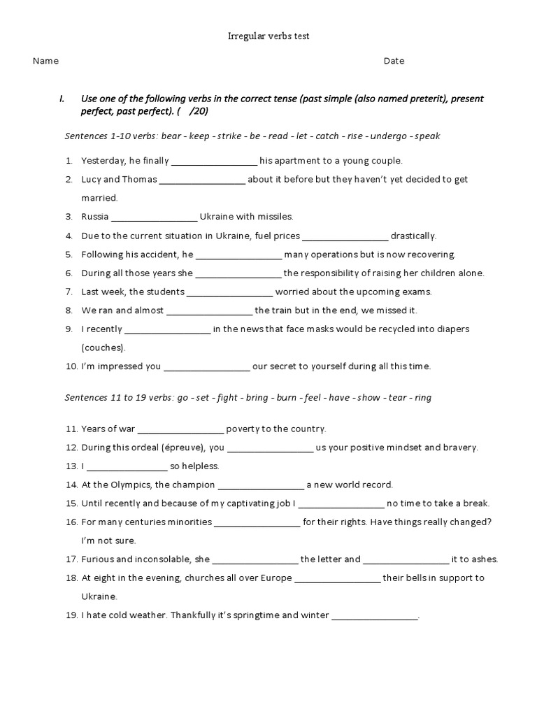 Irregular Verbs Test (For French Students) | PDF | Semantic Units ...