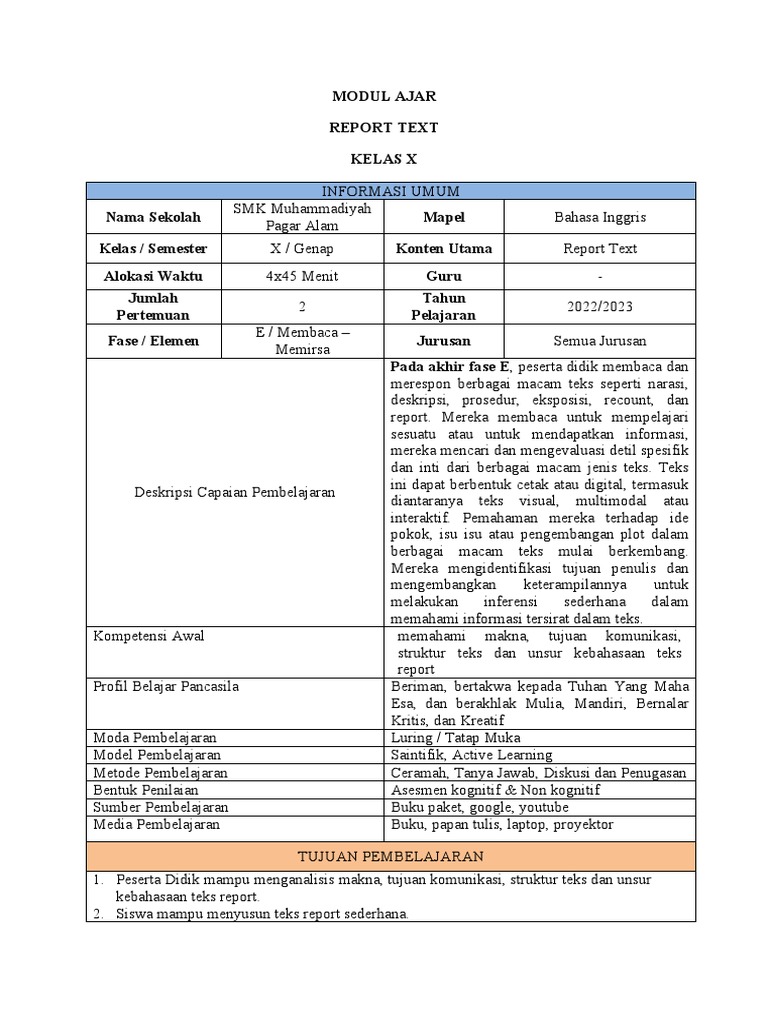 MODUL AJAR Report Text DELTA HERLIANI 46 | PDF
