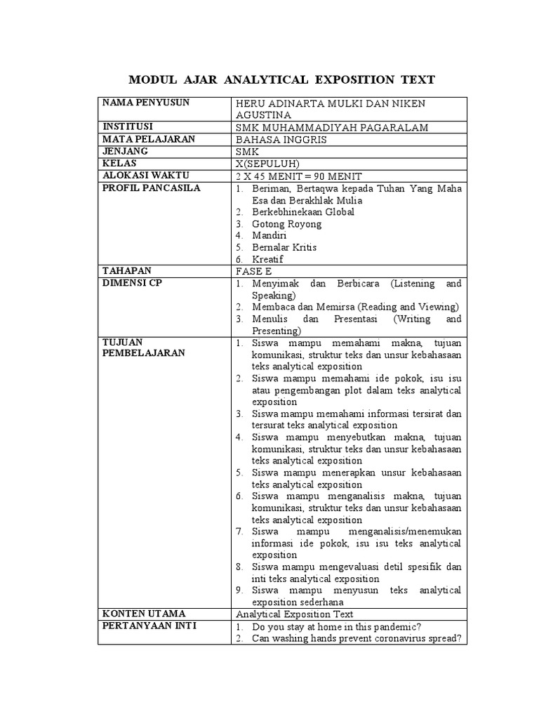 11 Modul Ajar Analytical Exposition Text Pdf