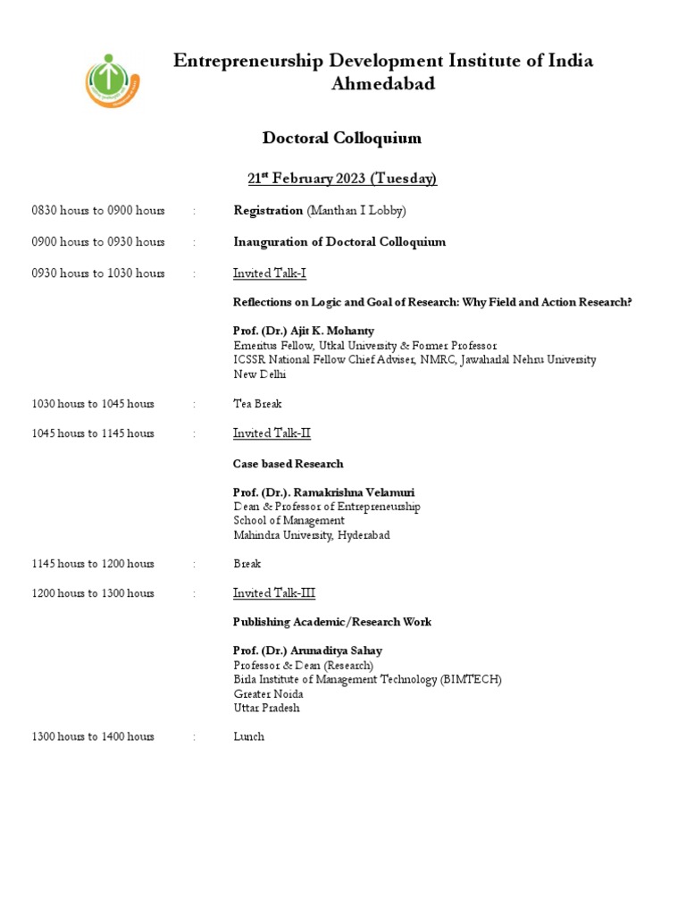 Doctoral Colloquium Schedule | PDF | Entrepreneurship | Business