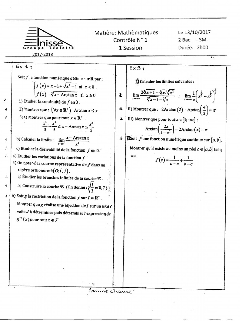 Devoir 1 Modele 2 Mathematiques 2 Bac SM Semestre 1 1 | PDF