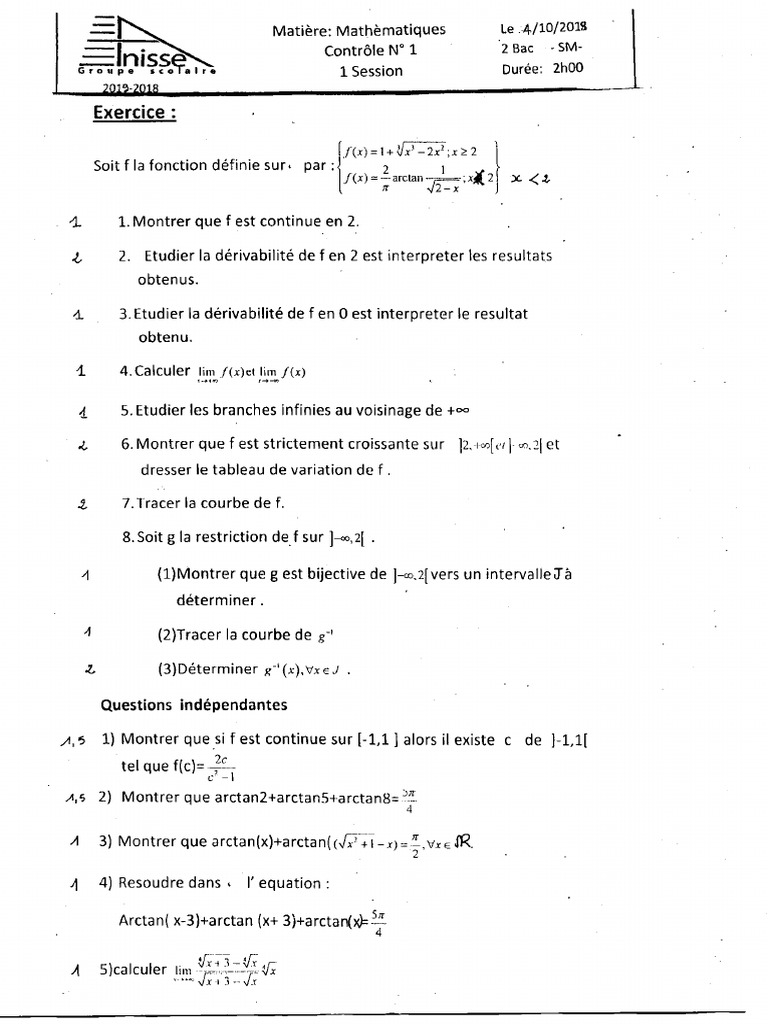 Devoir 1 Modele 3 Mathematiques 2 Bac SM Semestre 1 1 | PDF