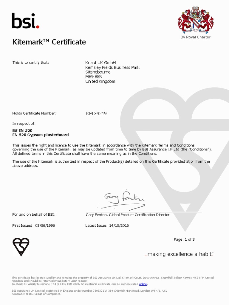 Knauf Plasterboard Kitemark Certificate Aug | PDF | Drywall