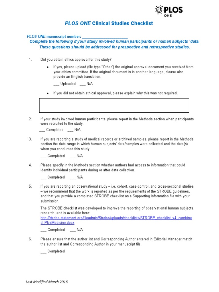 PLOS ONE Human Research Checklist | PDF