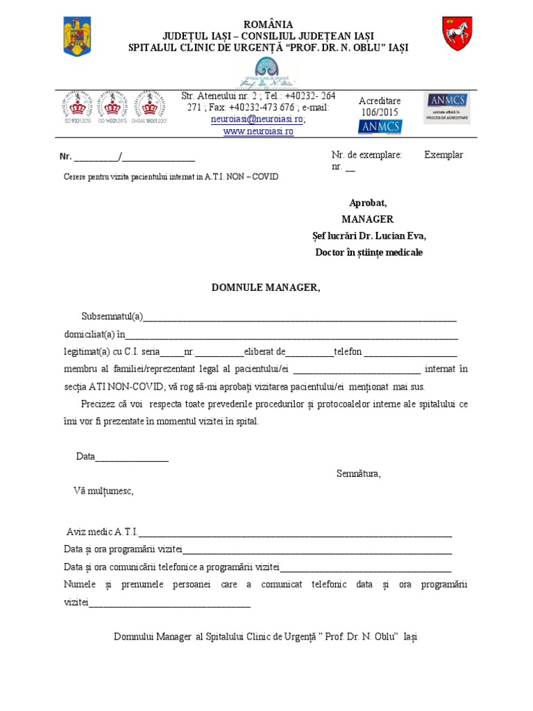 Cerere Pentru Vizita Pacientului În ATI NON-COVID | PDF