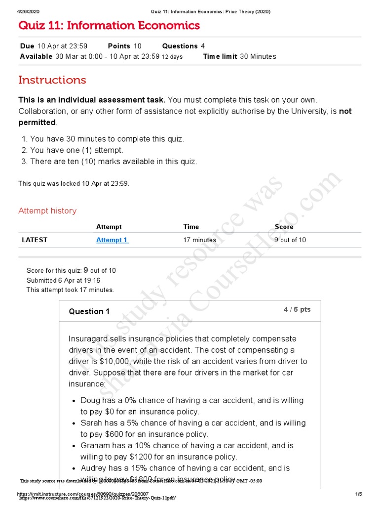 Price Theory Quiz: Information Economics | PDF | Insurance | Prices