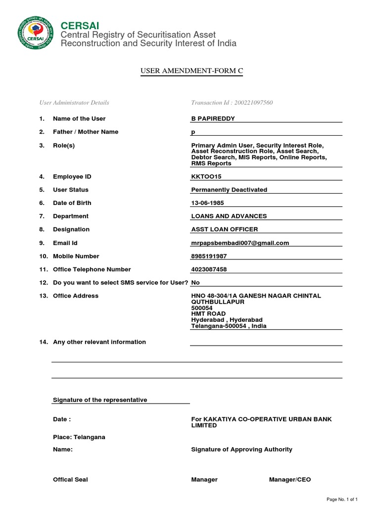 CERSAI User Amendment Form C | PDF | Finance & Money Management