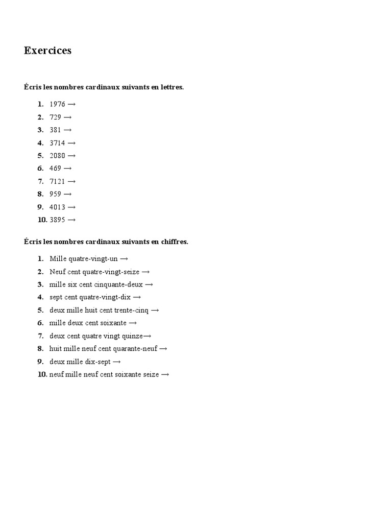 Exercices Numeraux Cardinaux | PDF | Méthodes et références pédagogiques