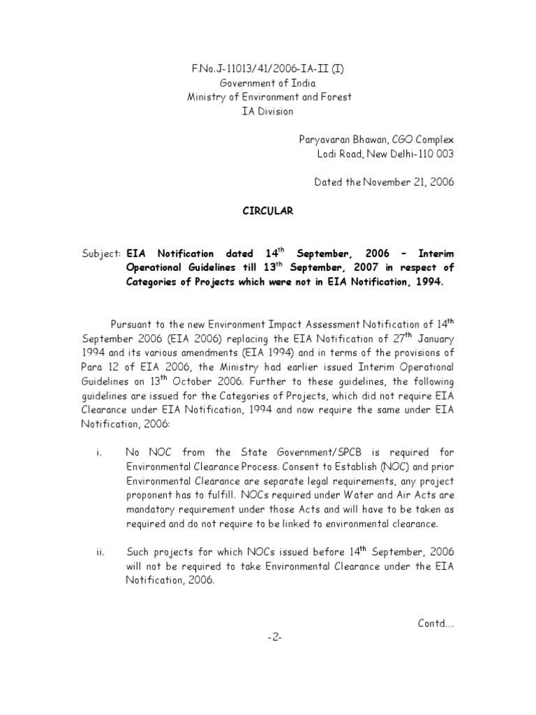 Circular On Categories of Projects Which Were Not in EIA Notification | PDF | Environmental ...