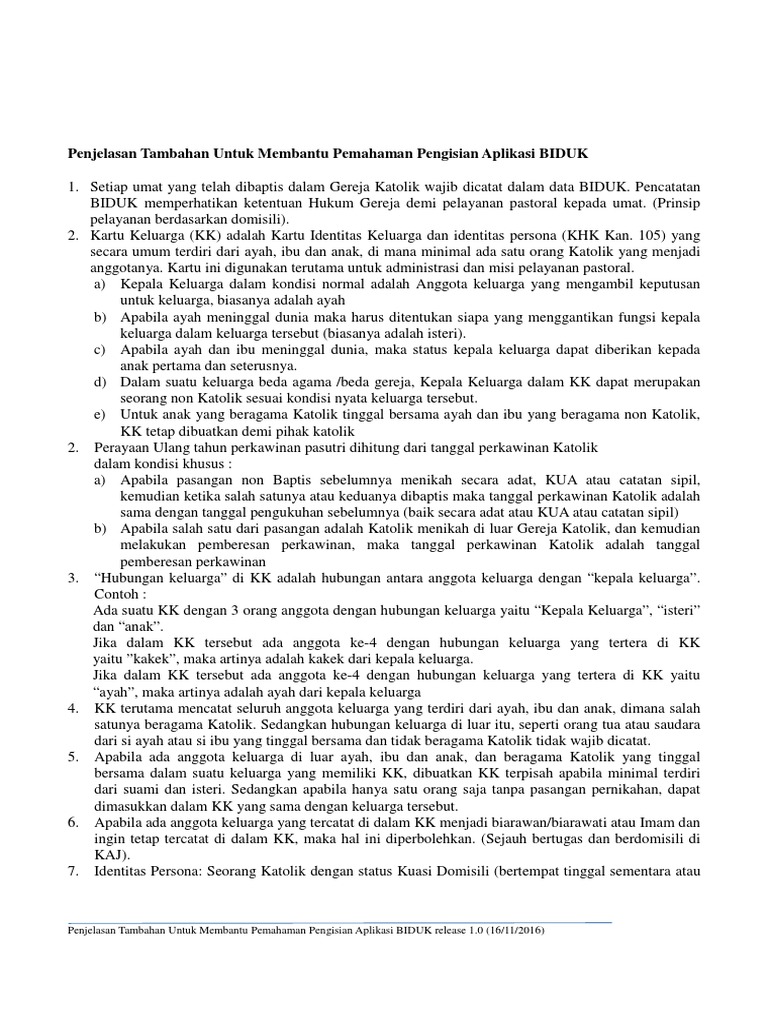 Panduan Pengisian KK BIDUK Katolik | PDF