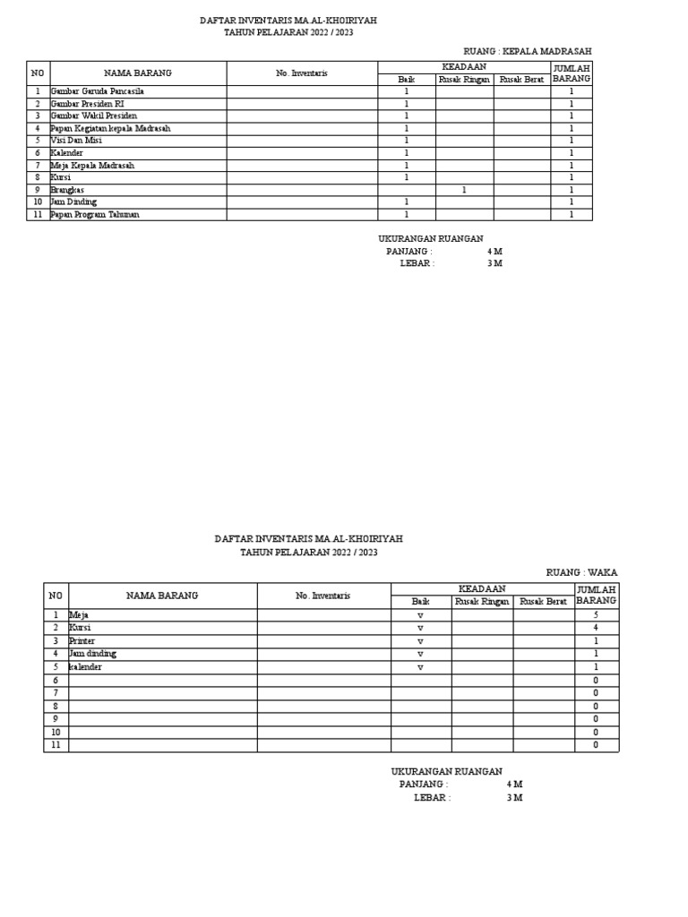 Form Daftar Inventaris Ruang | PDF