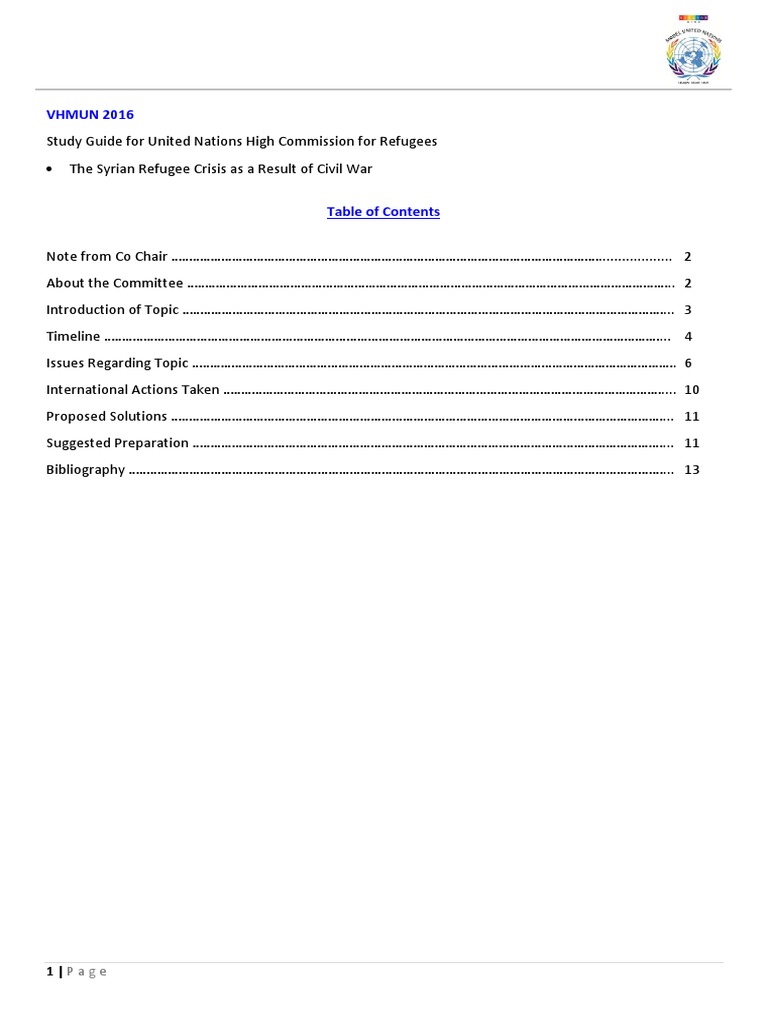 UNHCR Study Guide 1 New | PDF | Refugees Of The Syrian Civil War | Refugee