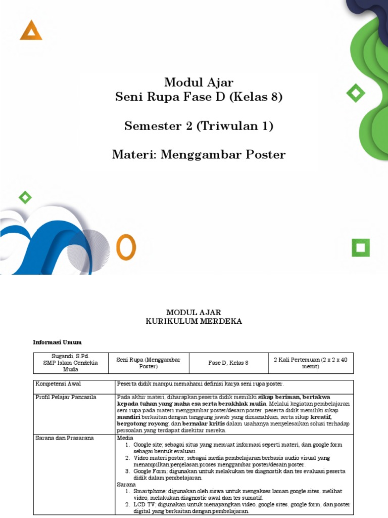 Modul Ajar Seni Rupa Fase D (Kelas 8) Semester 2 (Triwulan 1) Materi: Menggambar Poster | PDF | Seni