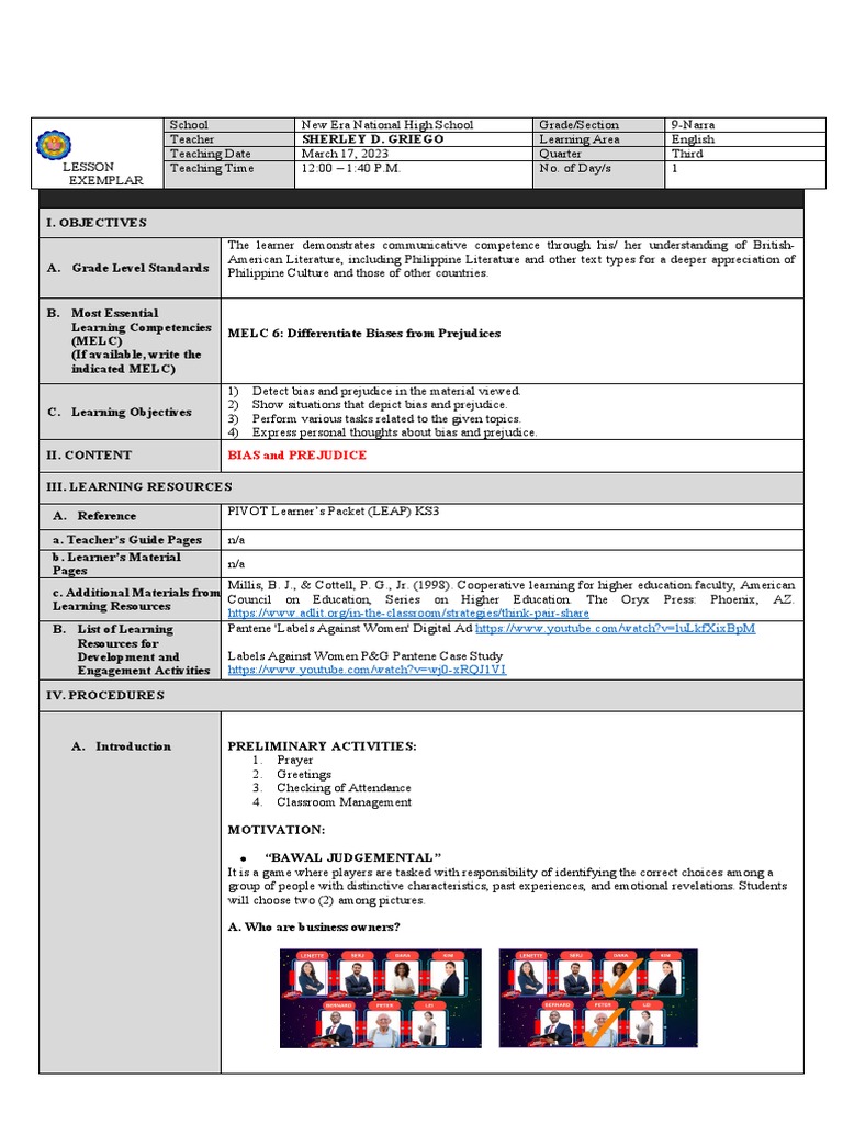 Lesson Exemplar/Plan/Guide in English 9 - Bias and Prejudices | PDF ...