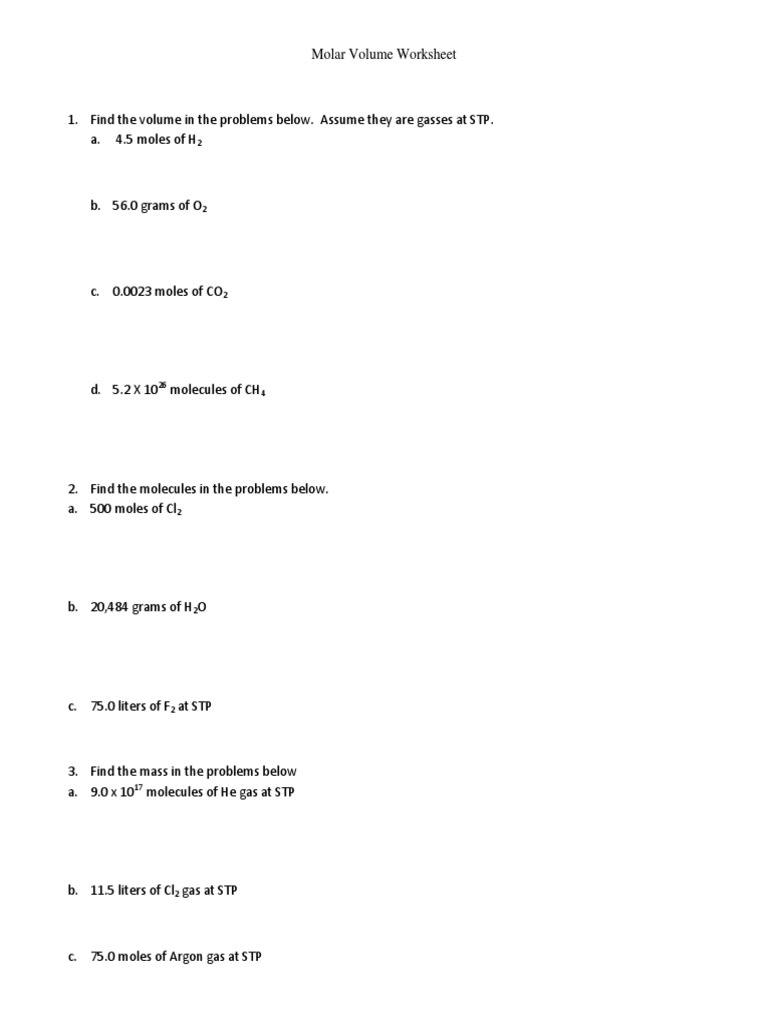 Molar Volume Practice Problems Worksheet | PDF