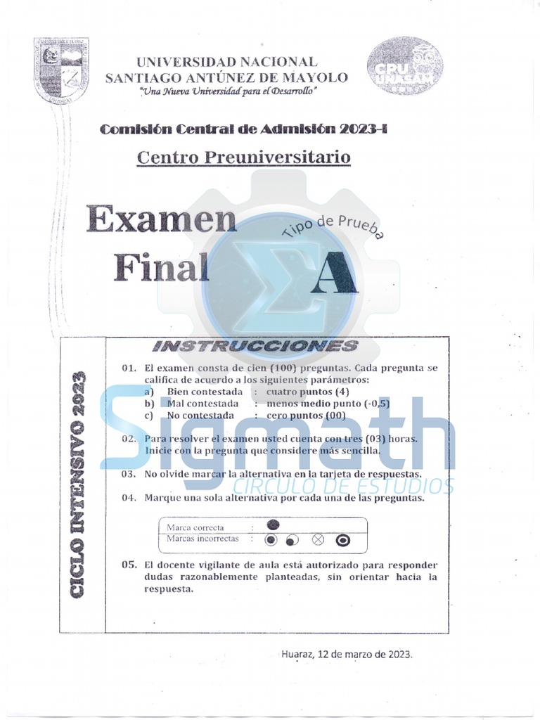 Examen Final Cpu Unasam Ciclo Intensivo 2023 | PDF