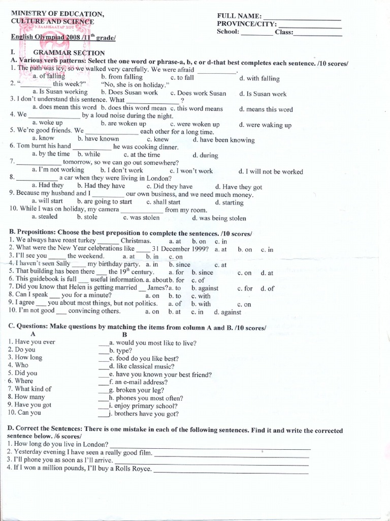 2008 Aimag English Olympics 11th Grade Test.pdf | PDF