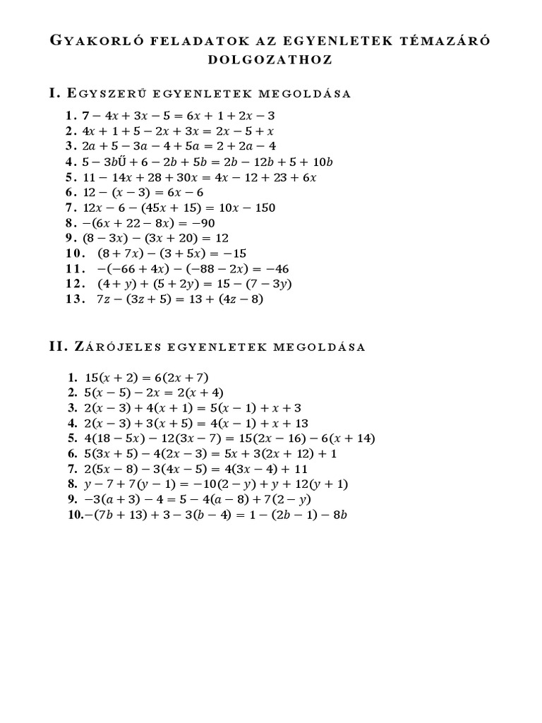 Gyakorló Feladatok Az Egyenletek Témazáró Dolgozathoz | PDF