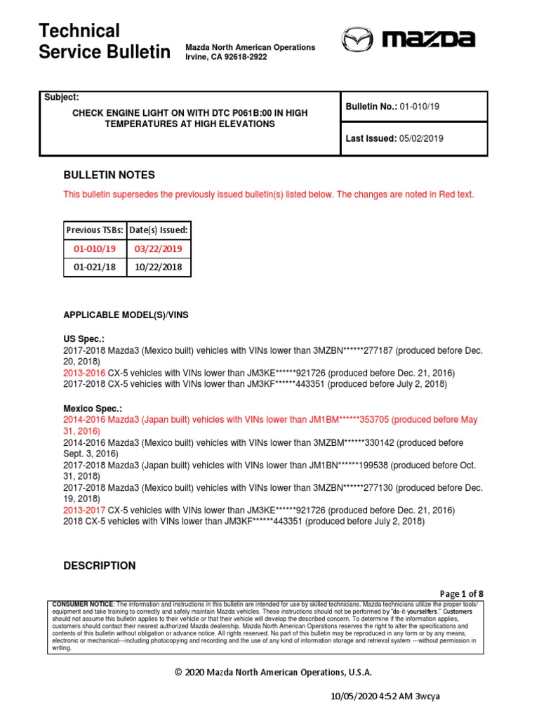Technical Service Bulletin No.: 01-010/19 | PDF | Information | Four ...