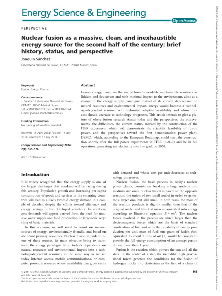 Energy Science Engineering - 2014 - S Nchez - Nuclear Fusion As A ...