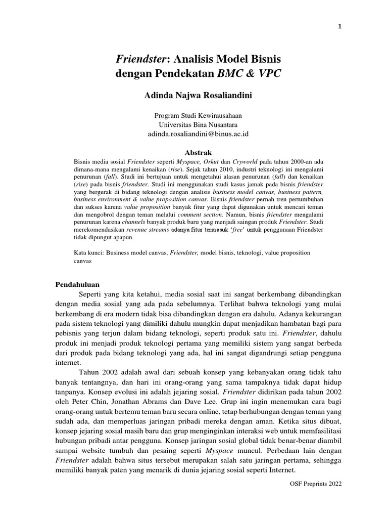 Friendster Analisis Model Bisnis Dengan Pendekatan BMC - VPC | PDF