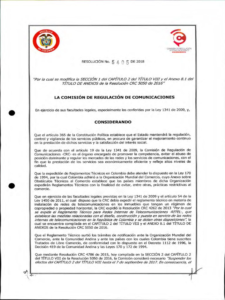 Resolucion 5405 de 2018 RITEL | PDF