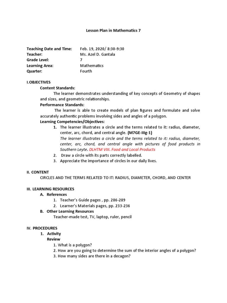 Lesson Plan in Mathematics 7 Contextualized Cot | PDF | Circle | Angle