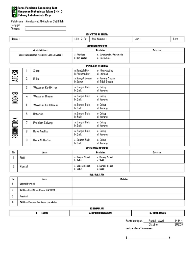 Form ScreeningTest LK I HMI | PDF