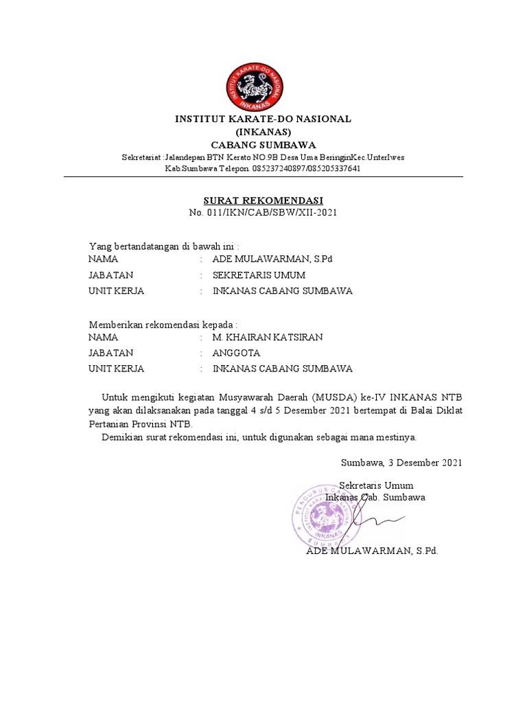 Surat Rekomendasi MUSDA | PDF