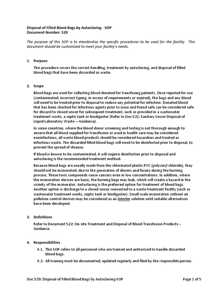 Disposal of Filled Blood Bags by Autoclaving - SOP | PDF | Waste ...