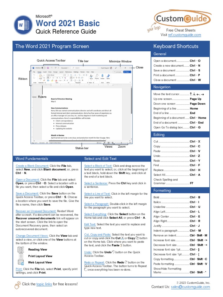 Word 2021 Basic Quick Reference PDF | PDF | Paragraph | Control Key