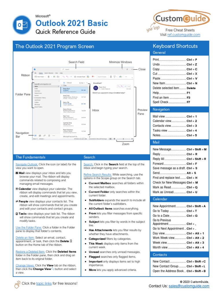 Outlook 2021 Basic Quick Reference PDF | PDF | Microsoft Outlook | Software