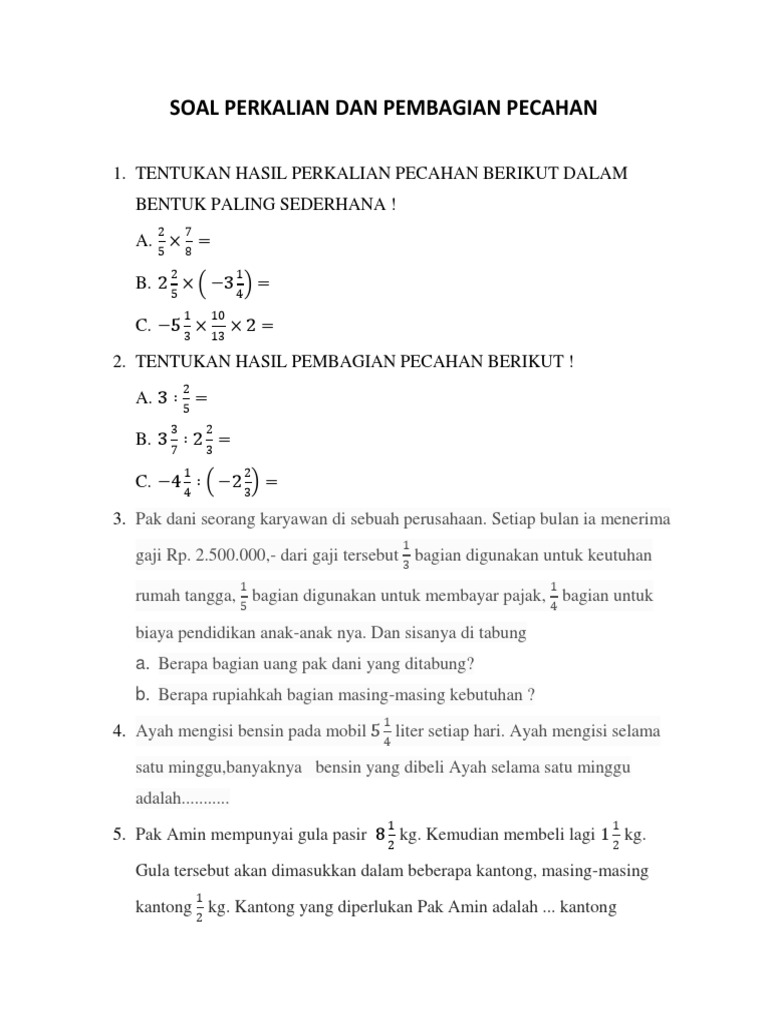 SOAL PERKALIAN DAN PEMBAGIAN PECAHAN | PDF