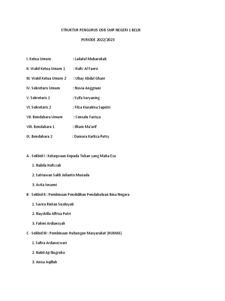 Struktur Pengurus OSIS SMP 2022/2023 | PDF
