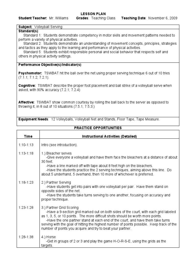 VB Serving Lesson Plan | PDF | Volleyball | Lesson Plan