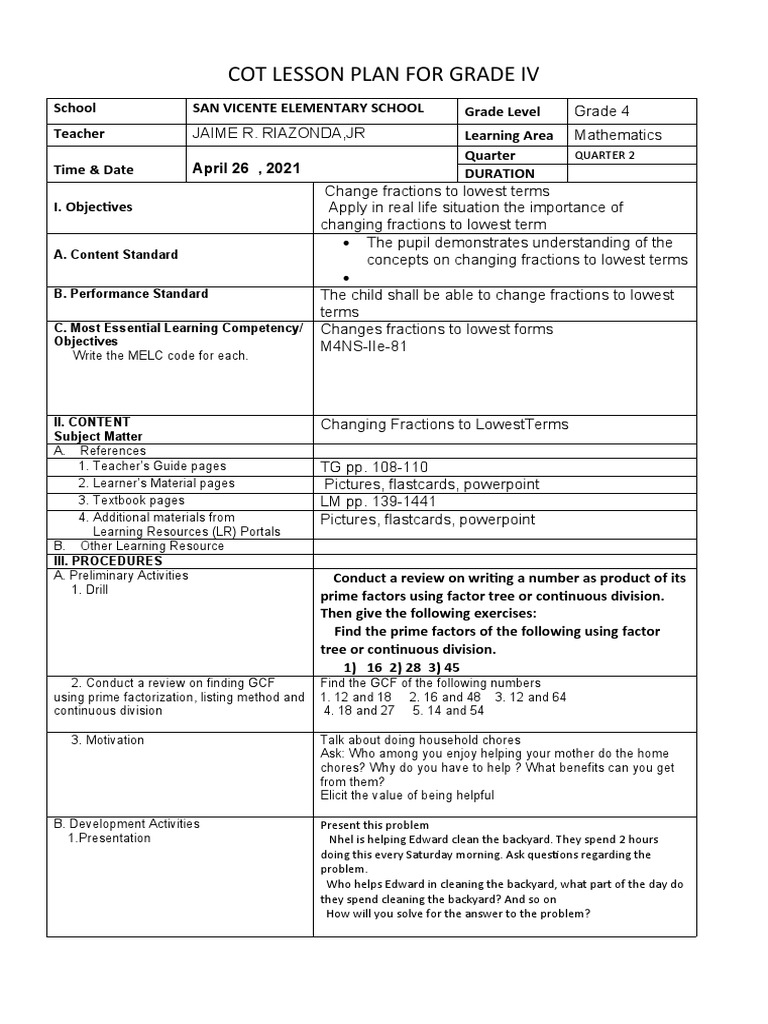 COT LESSON PLAN FOR GRADE IV Changing Fractions To Lowest Terms JR | PDF | Learning | Cognition