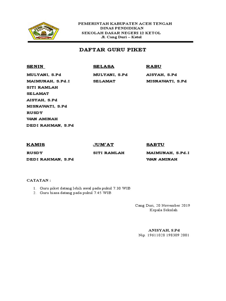 Daftar Guru Piket | PDF