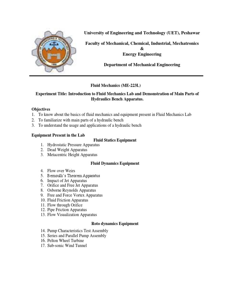 Lab Manual 1 Introduction To FM Lab and Hydraulic Bench | PDF | Pump | Fluid Dynamics