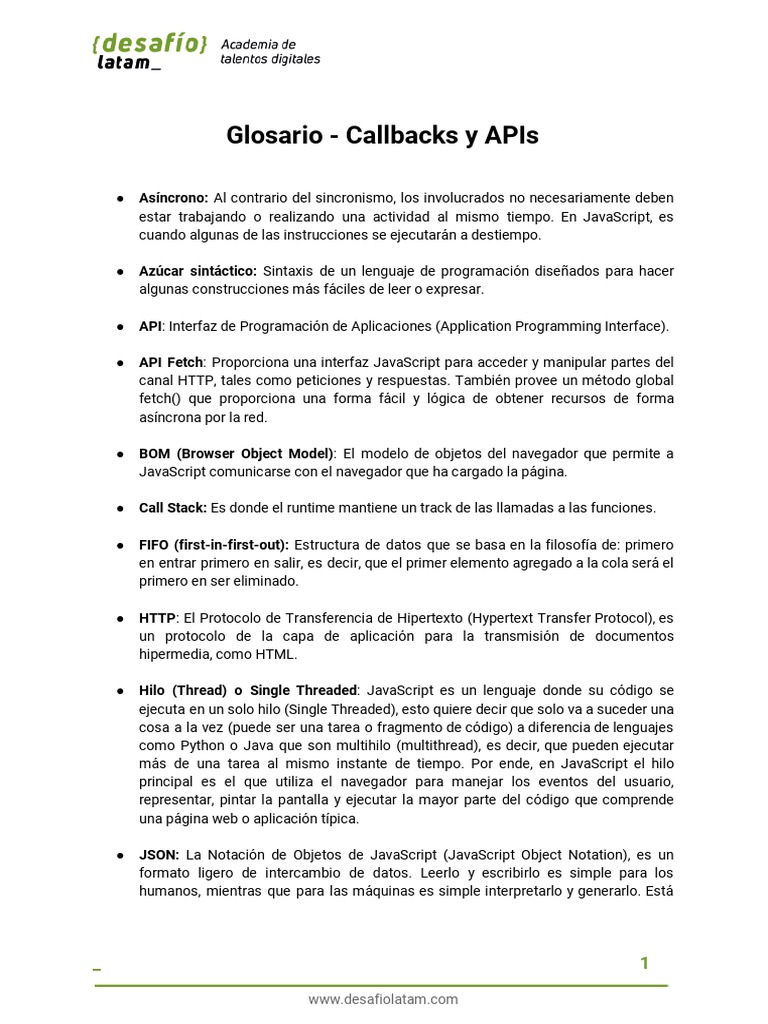 Glosario - Callbacks y APIs | PDF | Script Java | Lenguaje de programación