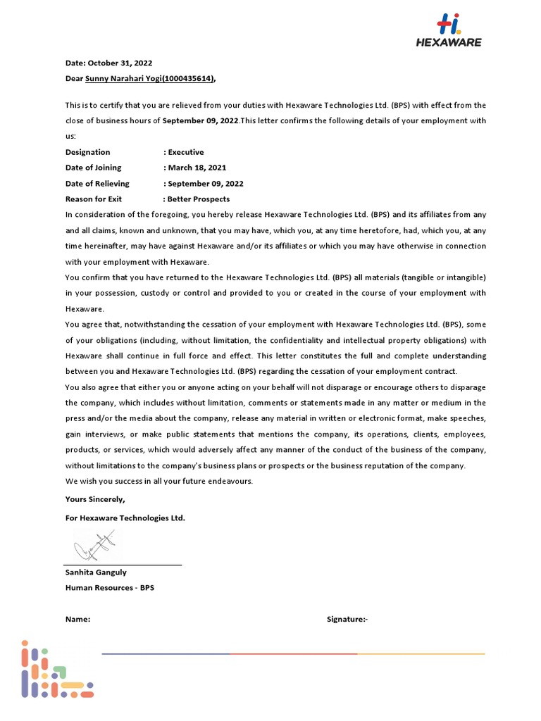 Letter of Relieving from Hexaware Technologies Ltd. for Sunny Narahari ...