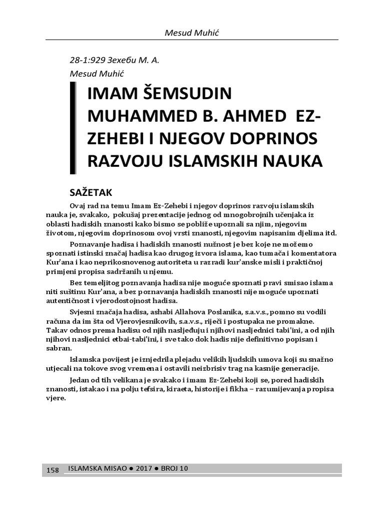 Mesud Muhić Imam Šemsudin Muhammed B. Ahmed Ez-Zehebi I Njegov Doprinos ...