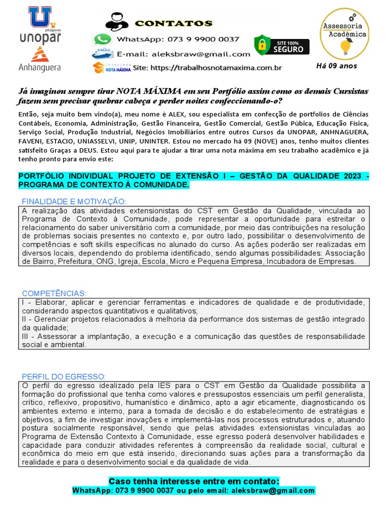 Portfólio Individual Projeto de Extensão I - Gestão Da Qualidade 2023 - Programa de Contexto À ...