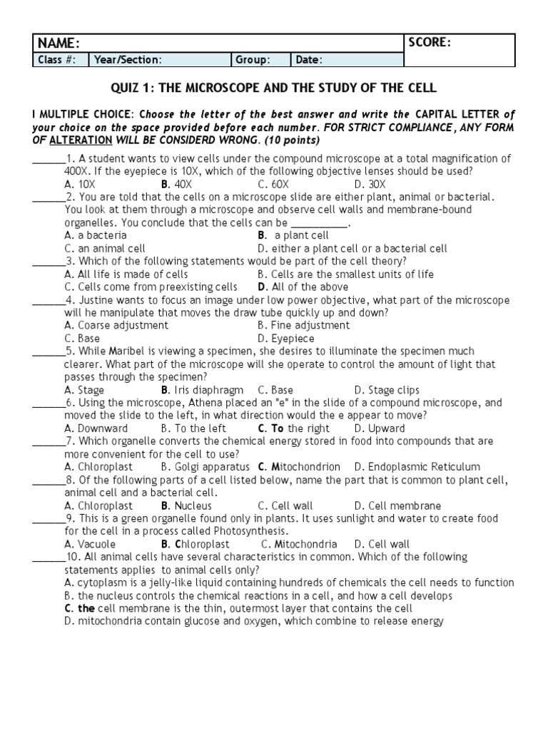 Name:: Score: Quiz 1: The Microscope and The Study of The Cell | PDF ...
